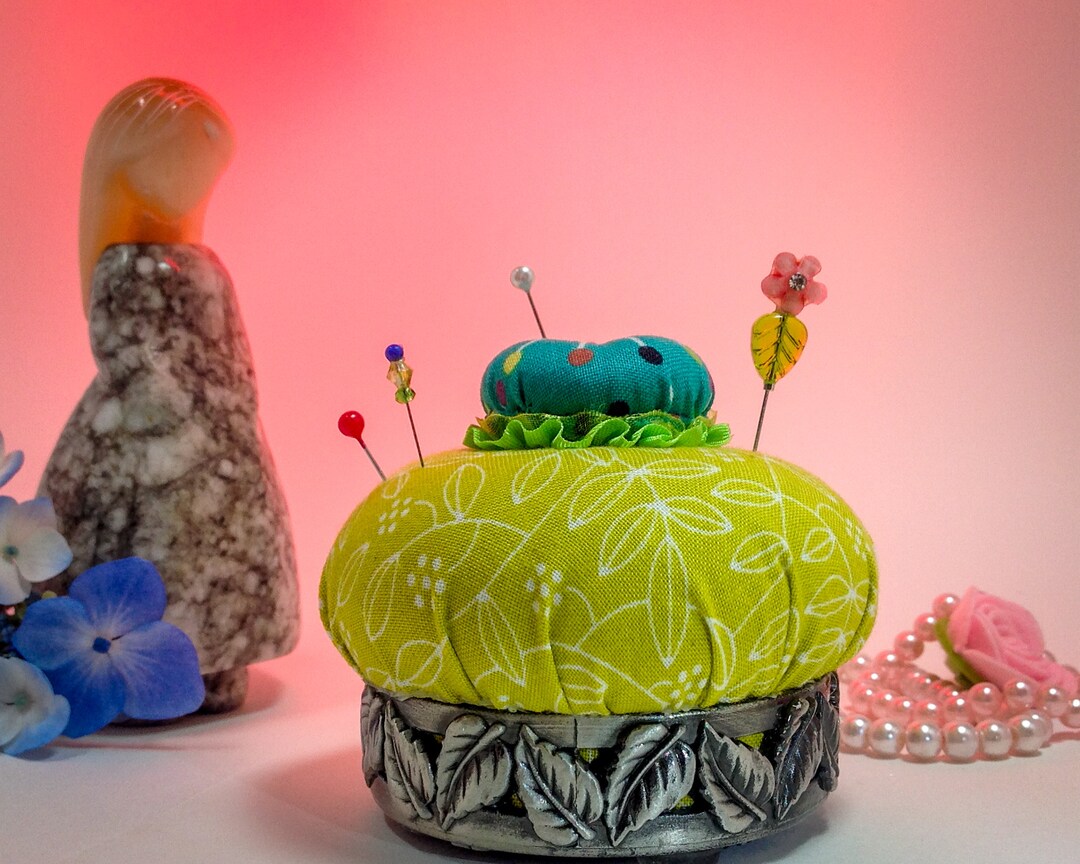 Pincushion Rose Bowl Pewter Double Cushion Leaves Chartreuse Cotton ...
