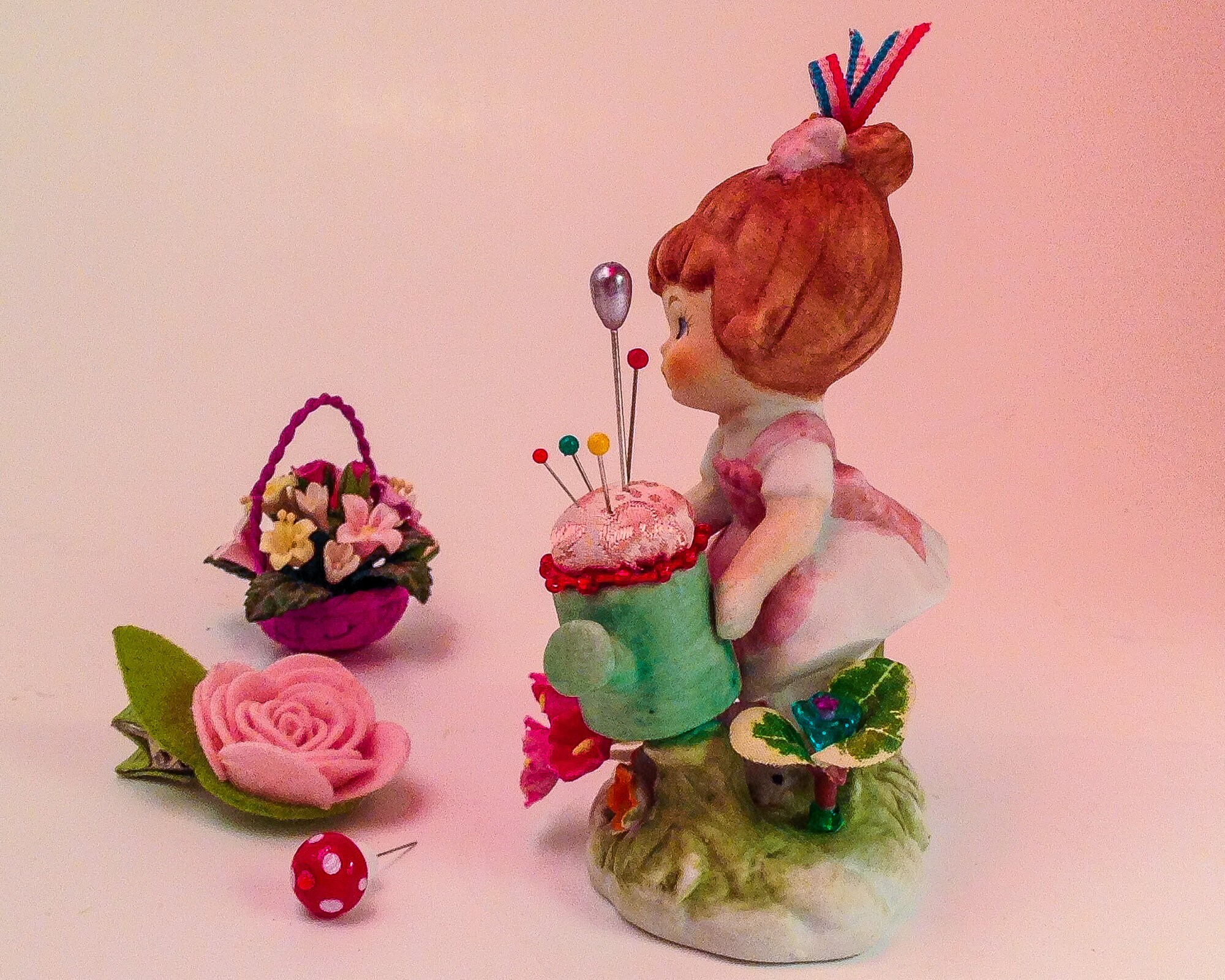 Pincushion. Hallie, Girl W/vintage Flowers/sprinkling Can/ Pink Satin ...