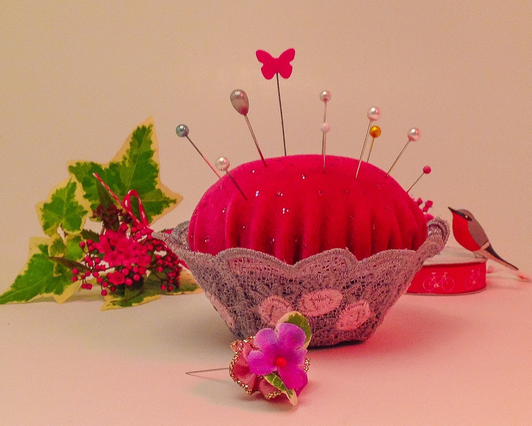 Pincushion. Pink Cupcake, Large Size, Lush Velvet, Embroidered Roses ...