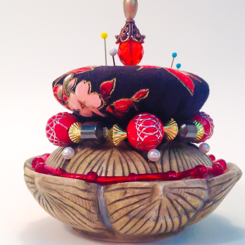 Pincushion. Lotus Flower Stoneware Weighted Cherry Blossom Asian Beaded ...