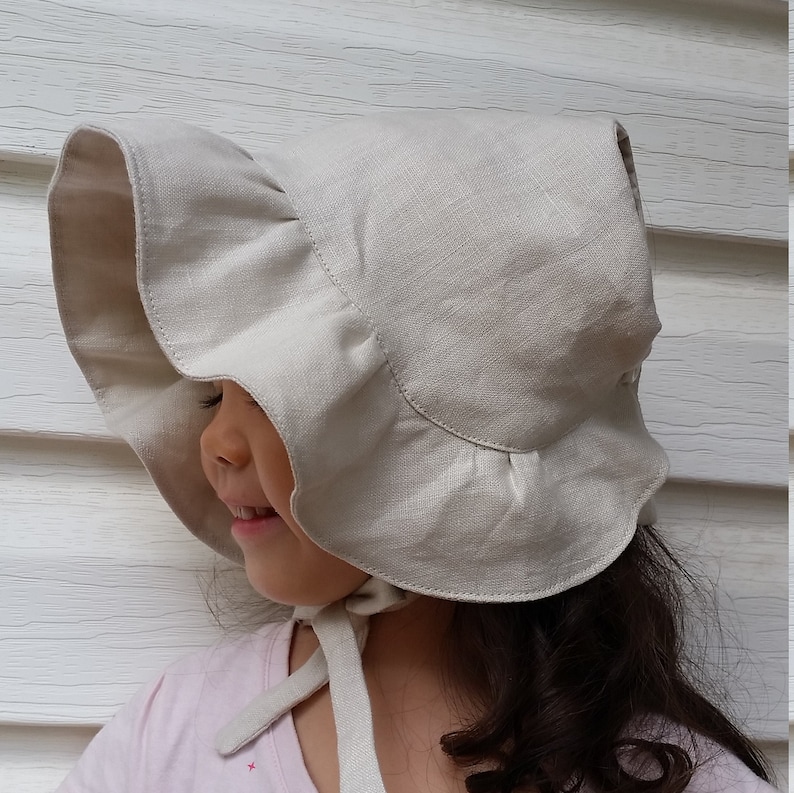 Adjustable Sun Bonnet, Ruffle Brim Linen Bonnet, Baby Bonnet, Baby ...