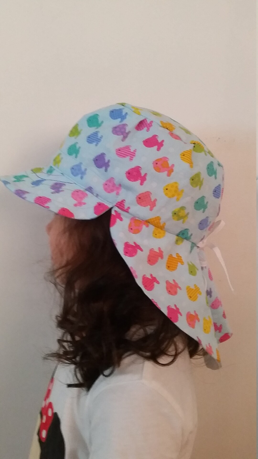 Adjustable Cotton Sun Hat With Neck Flap, Colorful Fish Print - Etsy