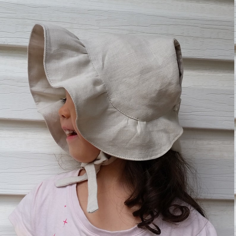 Adjustable Sun Bonnet, Ruffle Brim Linen Bonnet, Baby Bonnet, Baby ...