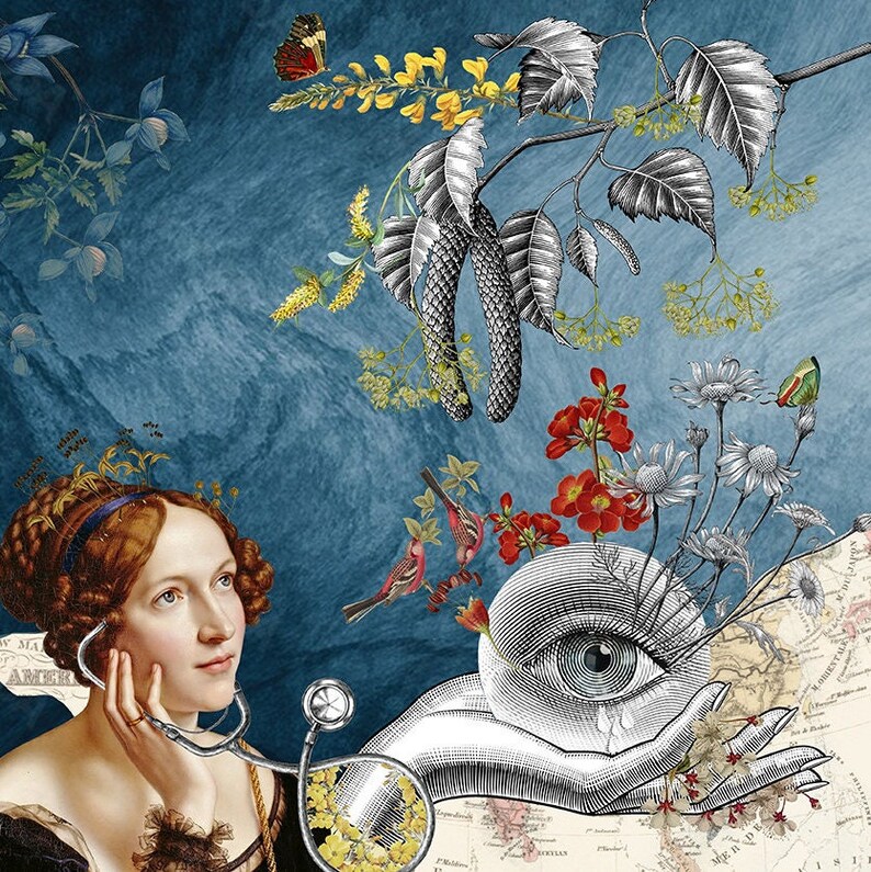 Feminine Painting, Surrealist Collage Art, Dreamy Golden Rain, Cabinet ...