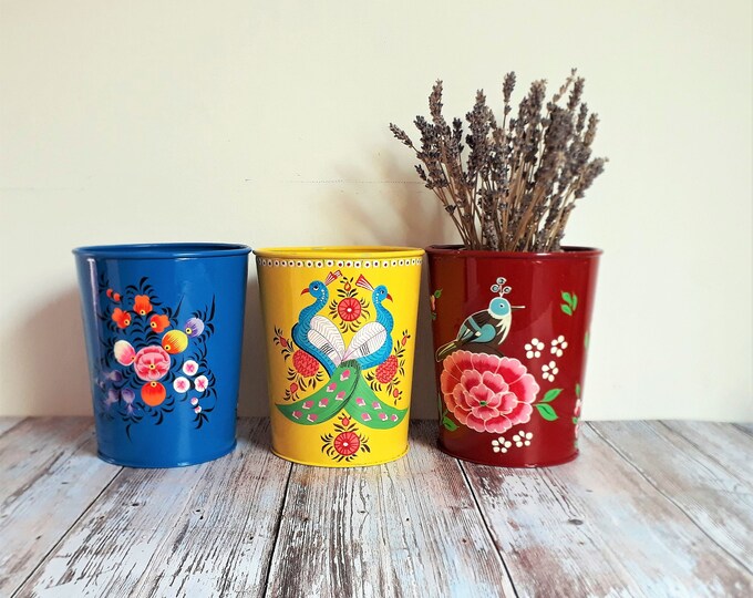 Container Bucket Planter Dustbin Round Enameled Varnished Hand Painted ...