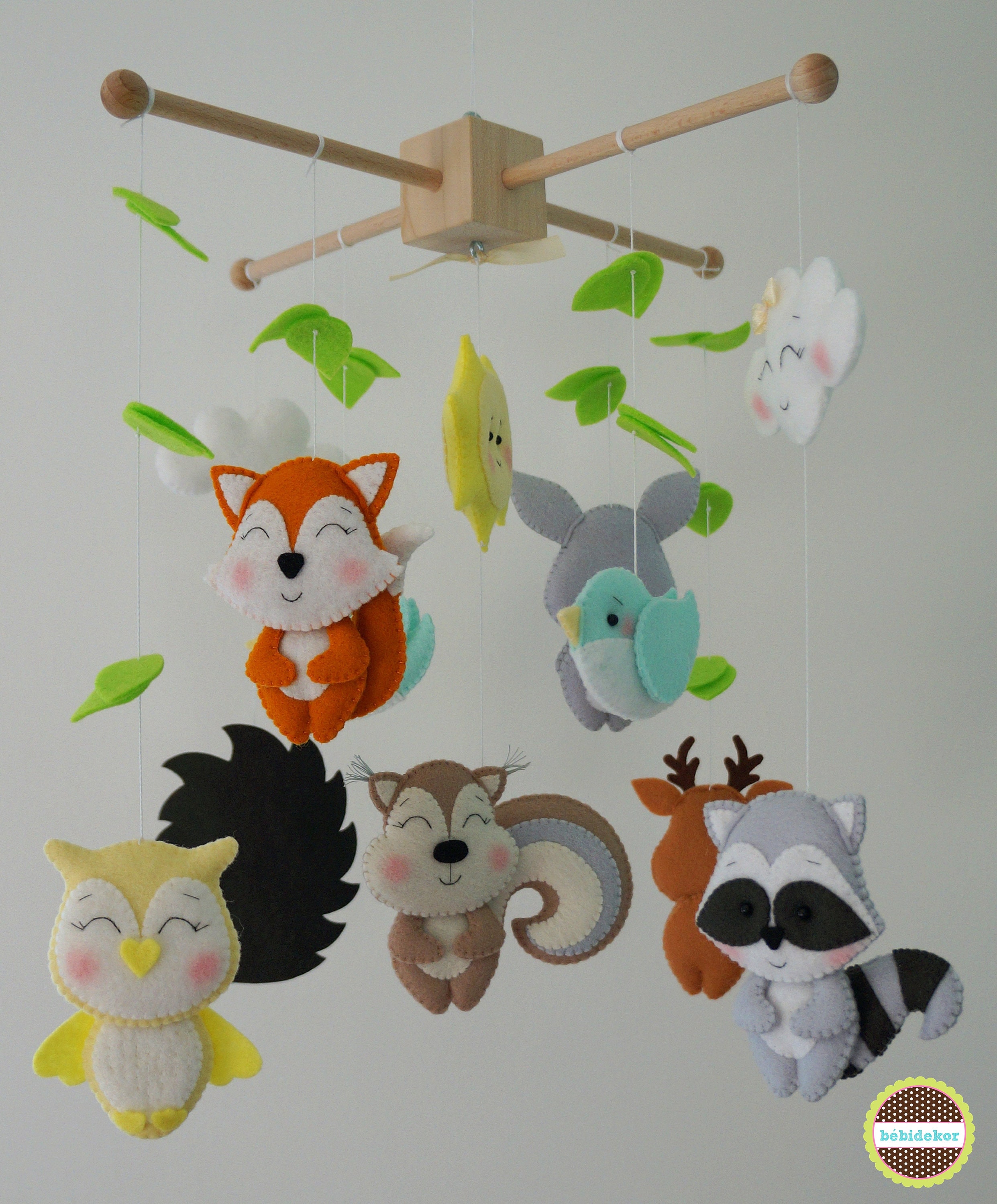 Felt Woodland Baby Mobile, Forest Animals, Clouds, Sun, Leaves ...