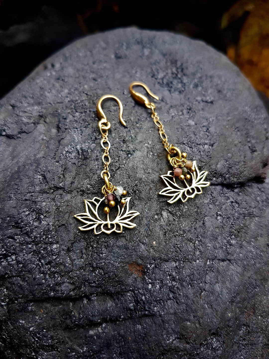 Lotus Chain Earrings Brass Lotus Earrings Boho Earrings - Etsy