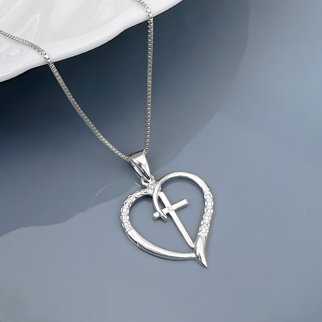 Cross and Heart Necklace, Heart Necklace, Sterling Silver Heart ...