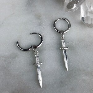 Silver Dagger Earrings, Sword Earrings, Small Silver Dagger Charm, Huggie Hoop Earrings, Dangle ...