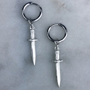 Silver Dagger Earrings, Sword Earrings, Small Silver Dagger Charm, Huggie Hoop Earrings, Dangle ...
