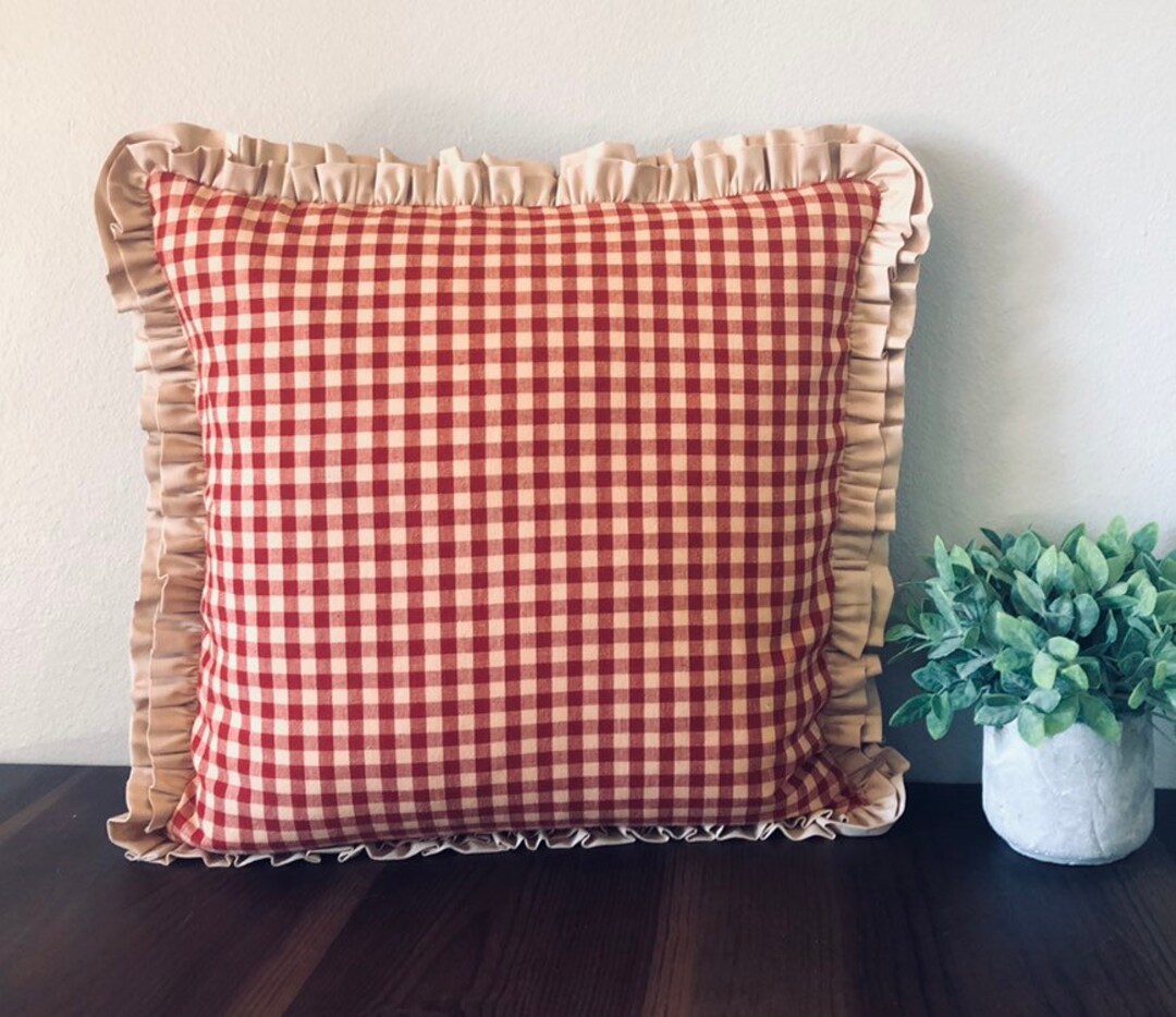 Red and Natural Gingham Check Pillow Cover With Ruffle Options Around ...