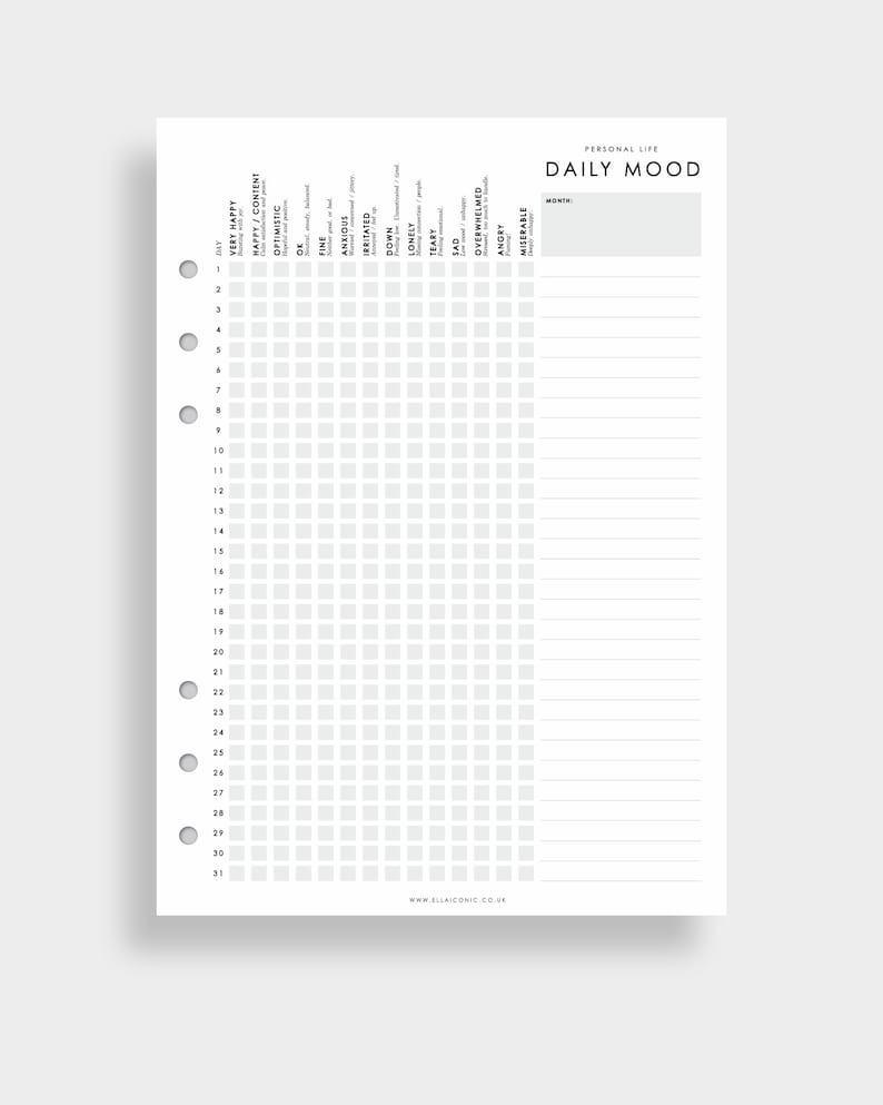 A5 Daily Mood Tracker Planner Inserts | Mental Health | ADHD | Self ...