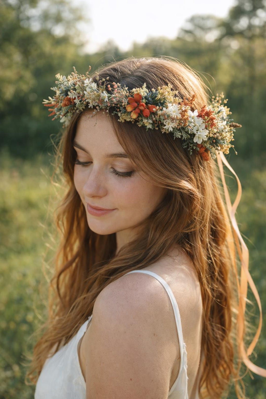 Boho Dried Flower Crown – Handmade Floral Headpiece With Satin Ties - Etsy