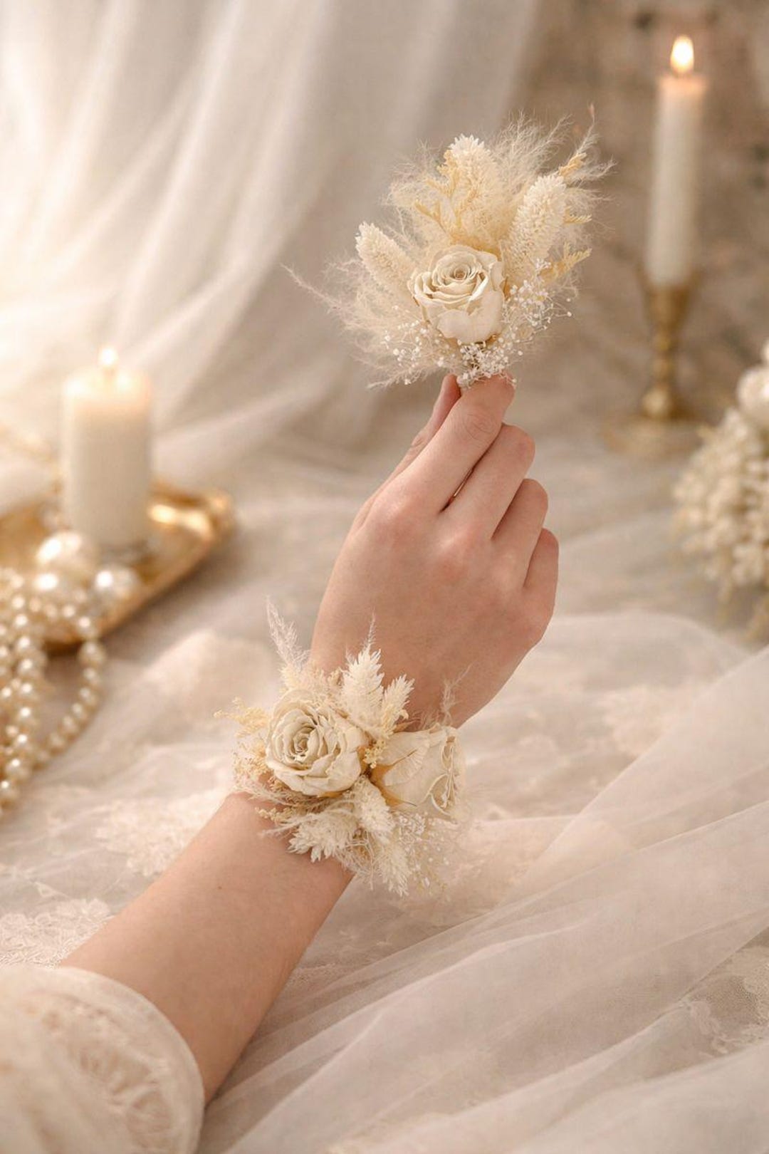 Preserved Ivory Rose Wrist Corsage & Groom Boutonniere Set – Dried ...