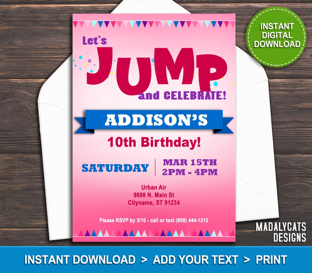 Jump Birthday Party Invitation - EDITABLE INVITE - Bounce Party Bouncy ...