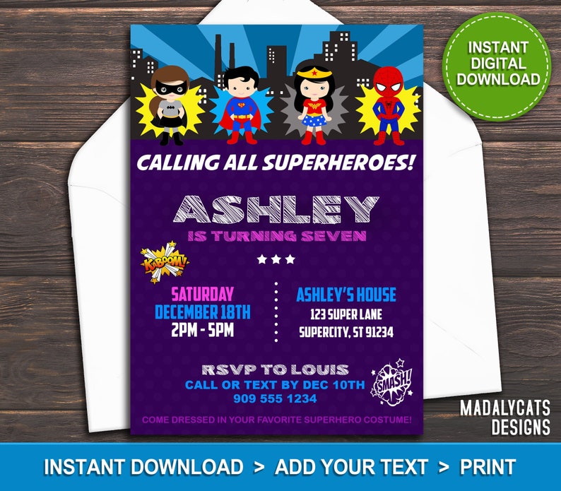 SUPERHERO Birthday Invitation, Calling All Superheroes Batgirl Superman ...