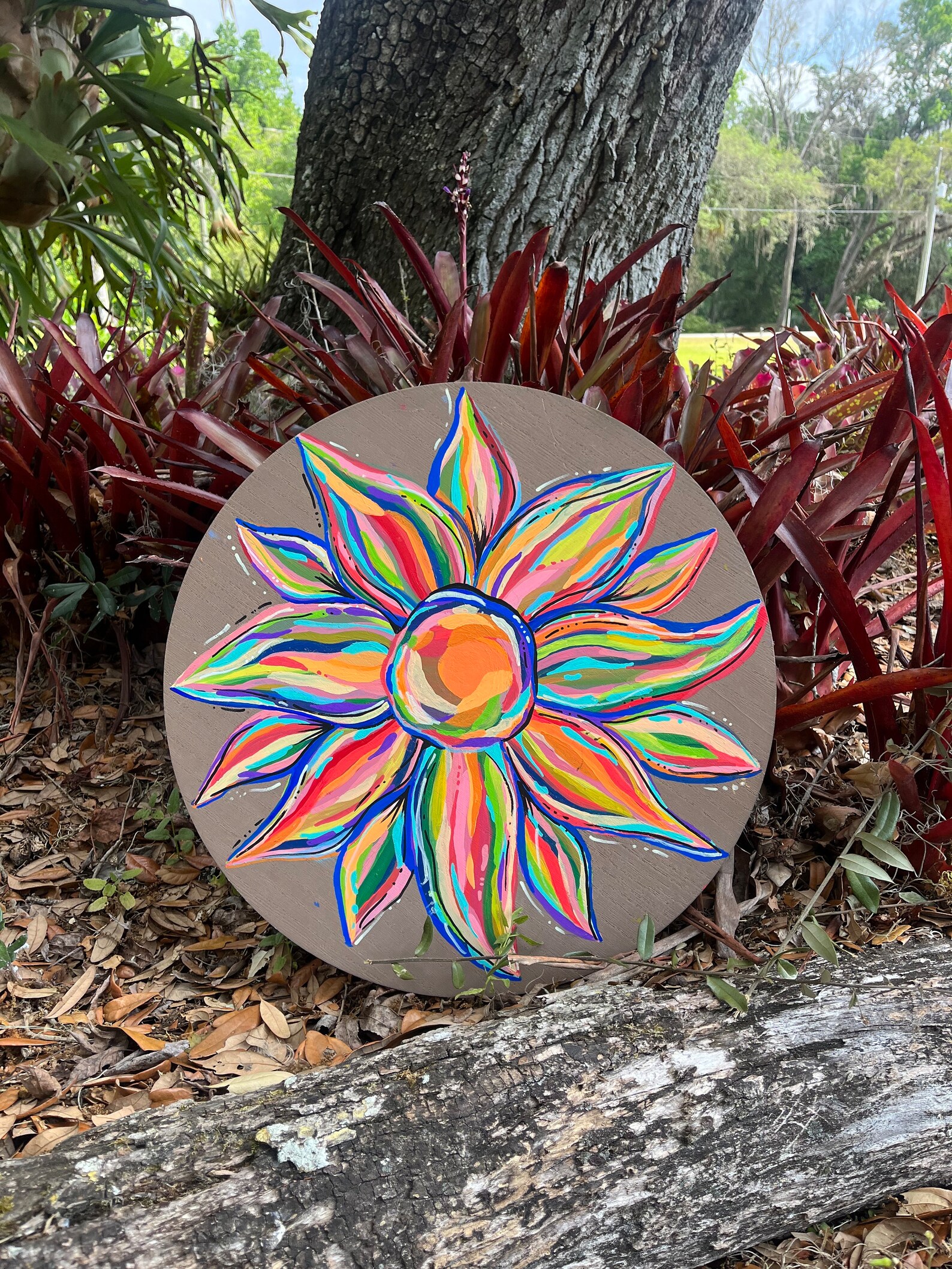 Multicolored Sunflower Acrylic Painting on Round Wood Canvas - Unique ...