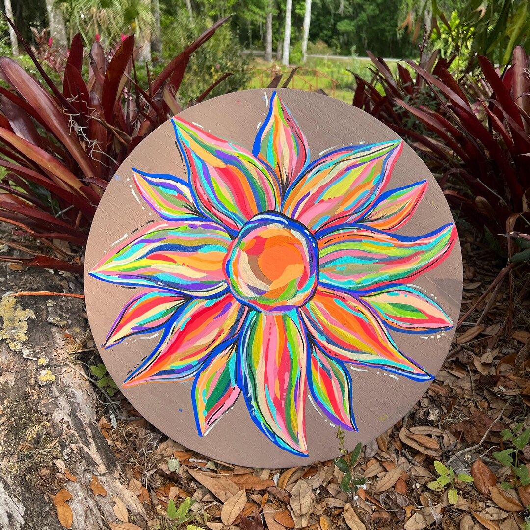 Multicolored Sunflower Acrylic Painting on Round Wood Canvas - Unique ...