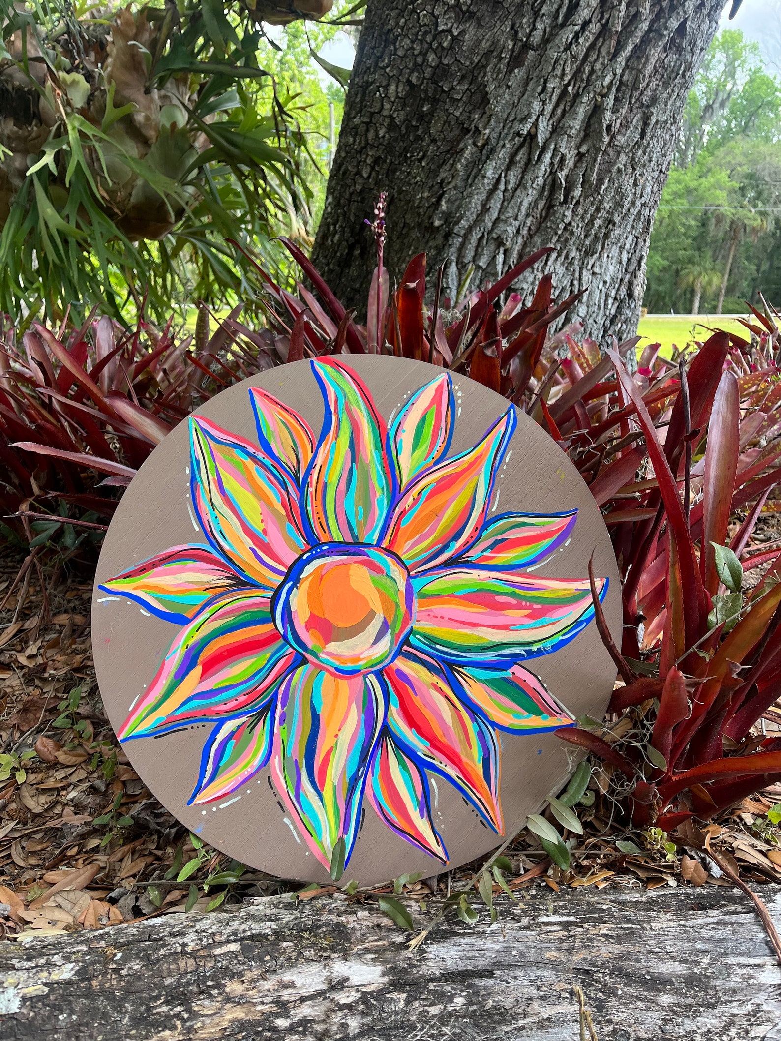 Multicolored Sunflower Acrylic Painting on Round Wood Canvas - Unique ...