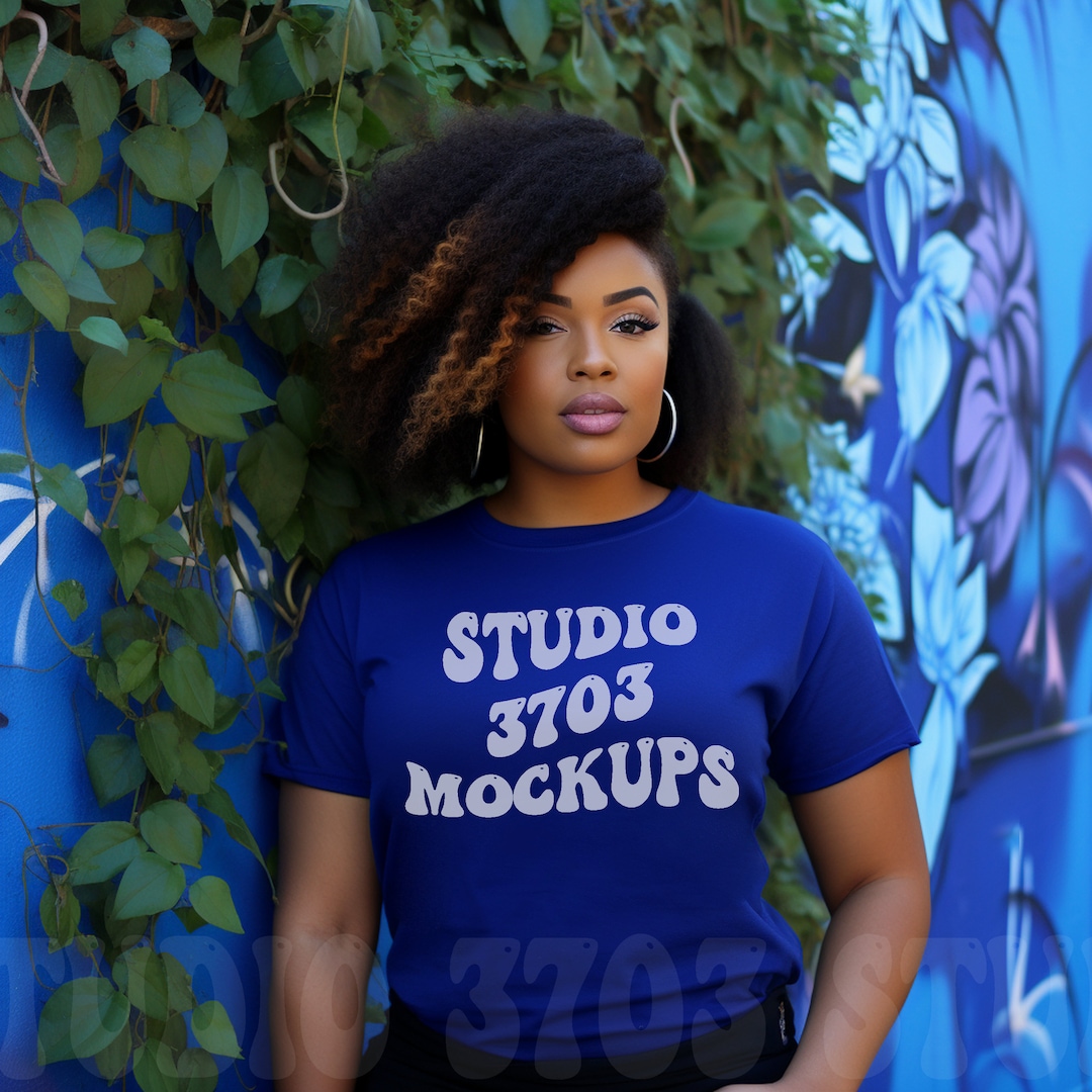 Black Model Mockup, Blue Shirt Mock Up, Curvy Model Mock up Blue T ...