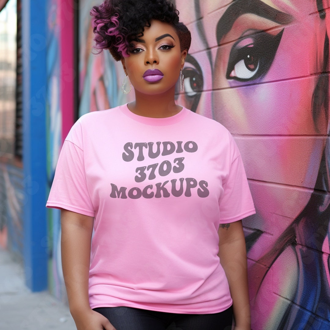 Black Model Mockup, Light Pink Shirt Mock Up, Curvy Model Mock Up, Pink ...