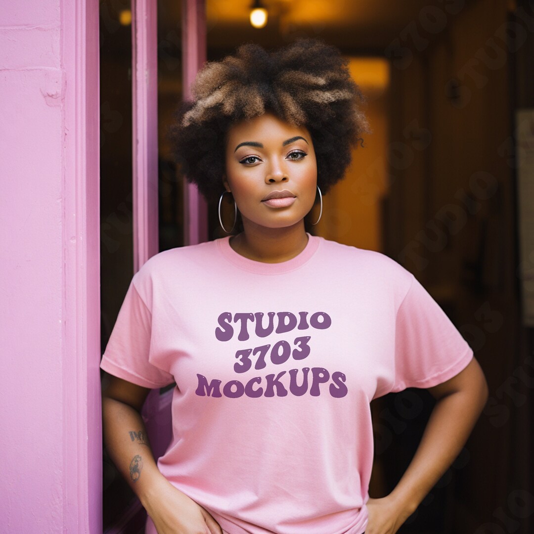 Black Model Mockup, Light Pink Shirt Mock Up, Curvy Model Mock Up, Pink ...