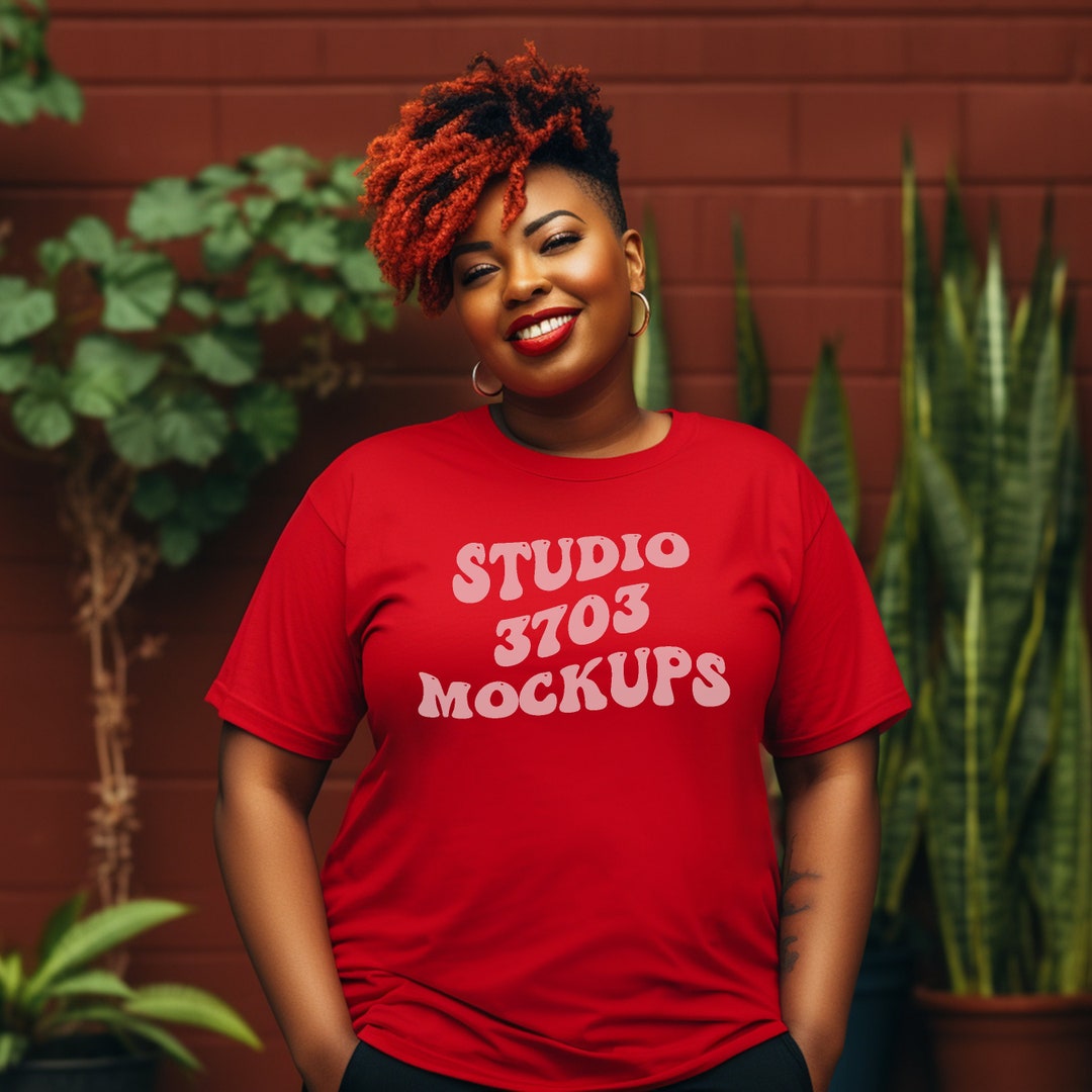 Black Model Mockup, Red Bella Canvas 3001 Mockup, Plus Size Mockup ...
