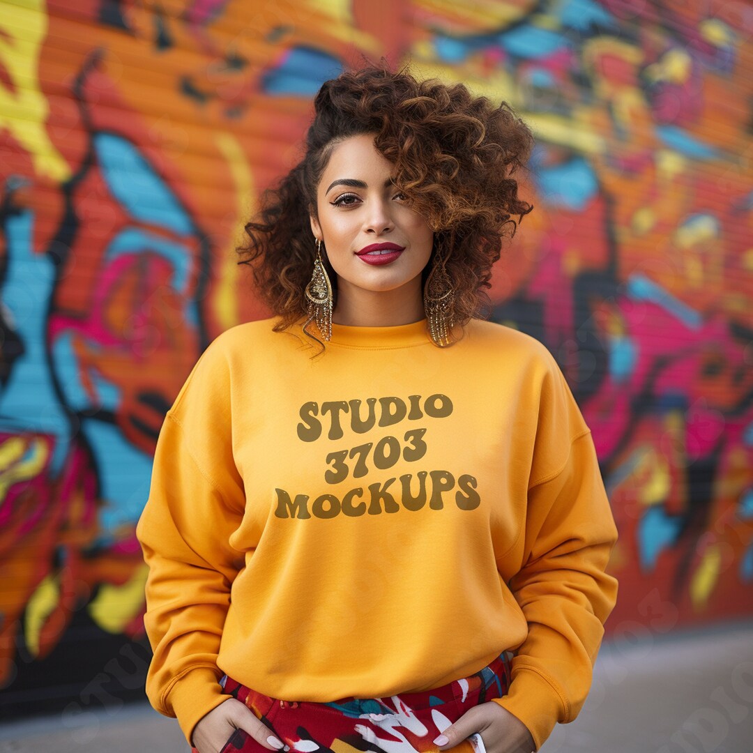 Latina Sweatshirt Mockup Model, Gold Gildan Sweatshirt Mockup, Latina ...