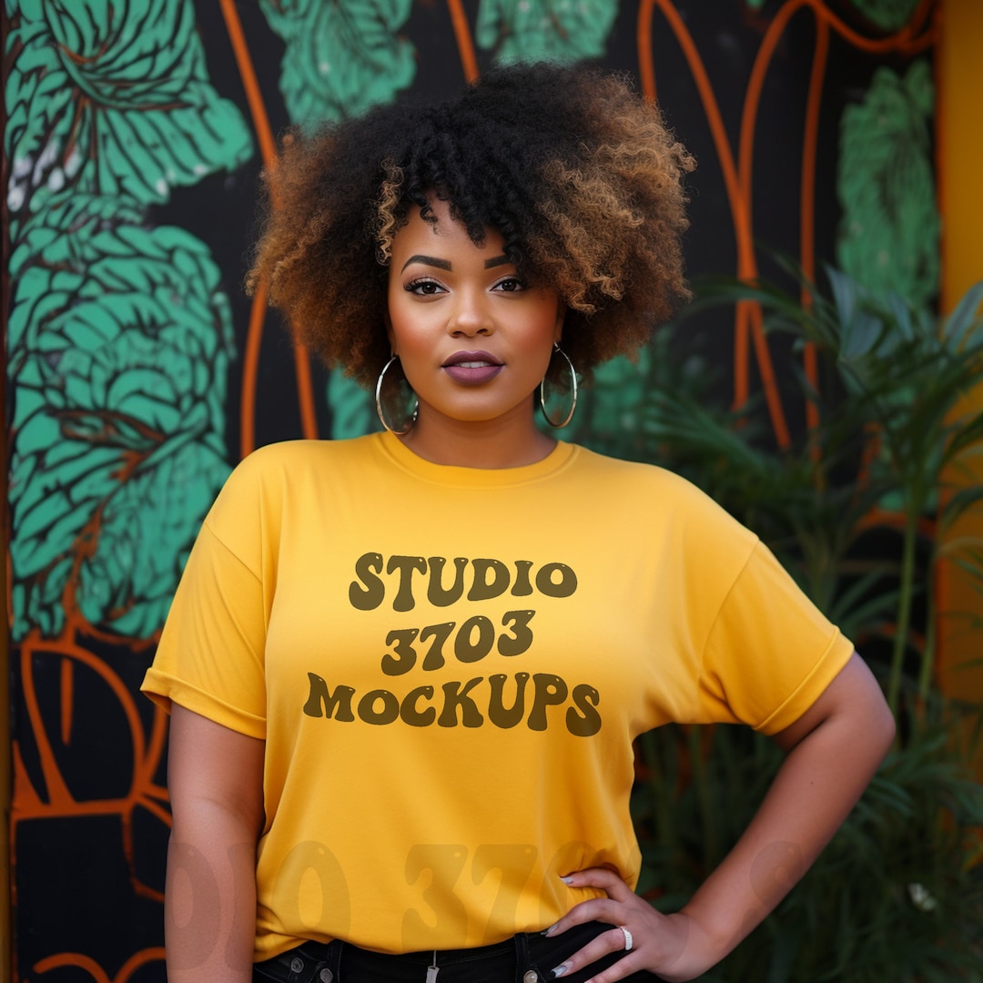 Black Model Mockup, Yellow Gold Bella Canvas 3001 Mockup, Plus Size ...