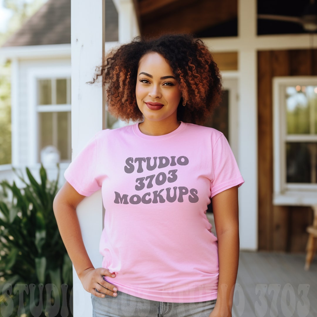 Black Model Mockup, Light Pink Shirt Mock Up, Curvy Model Mock Up, Pink ...