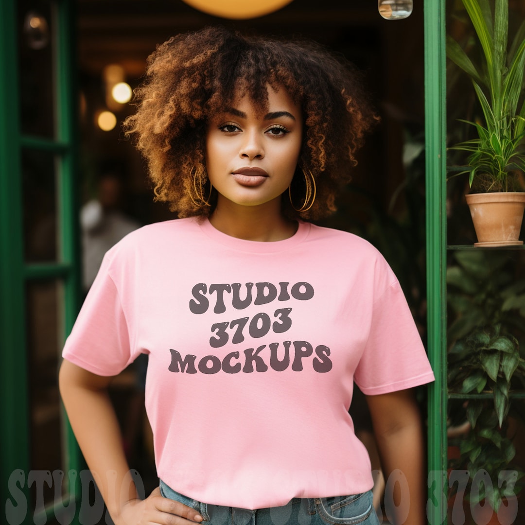 Black Model Mockup, Light Pink Shirt Mock Up, Curvy Model Mock Up, Pink ...