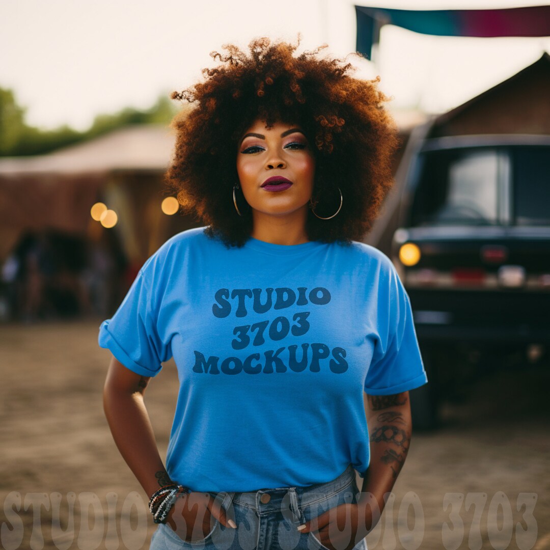 Black Model Mockup, Blue Shirt Mock Up, Curvy Model Mock up Blue T ...