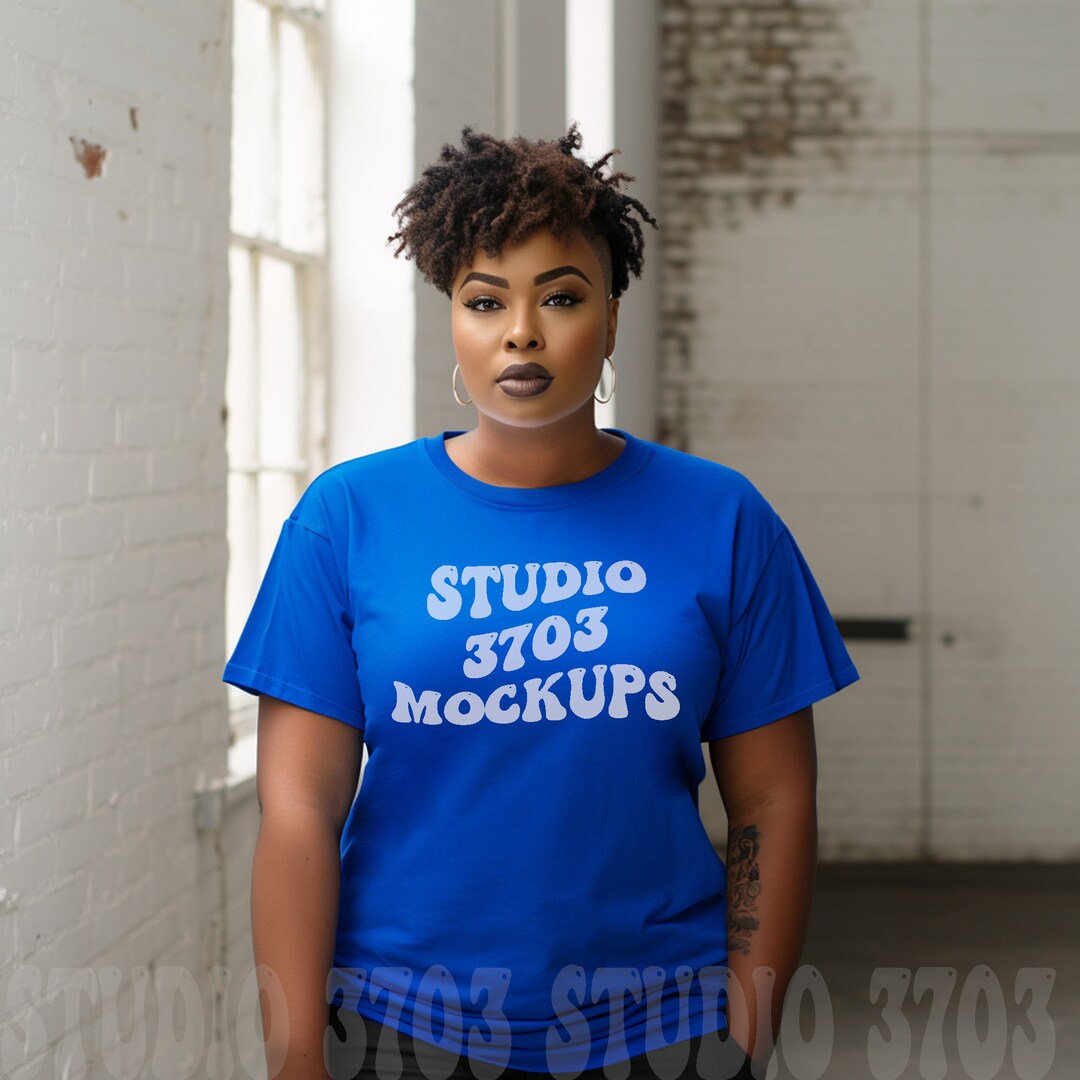 Black Model Mockup, Blue Shirt Mock Up, Curvy Model Mock up Blue T ...