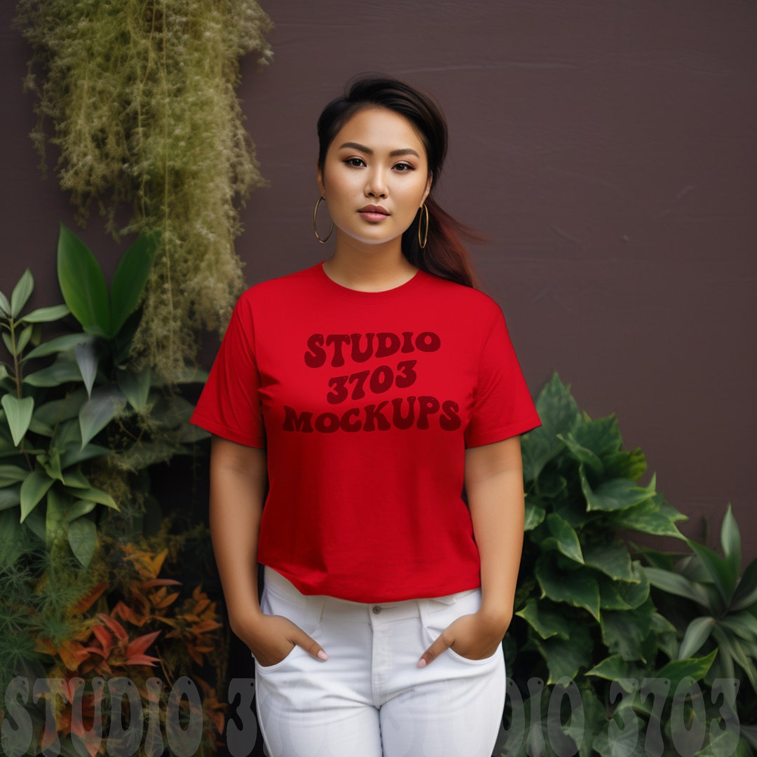 Asian Model Mockup, Red Shirt Mock Up, Gildan T-shirt Mockup, Asian ...