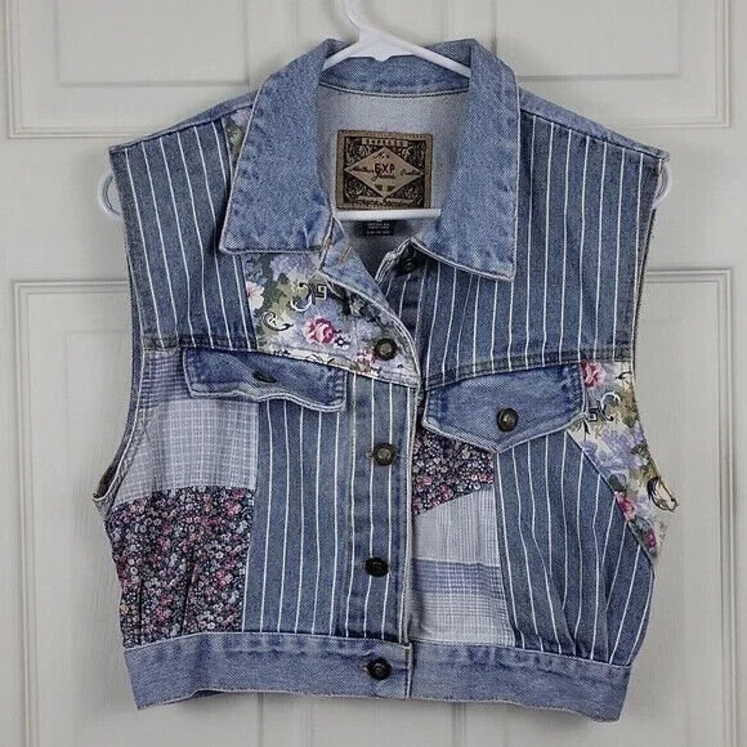 Vintage Patchwork Denim Vest by Express Size Medium - Etsy