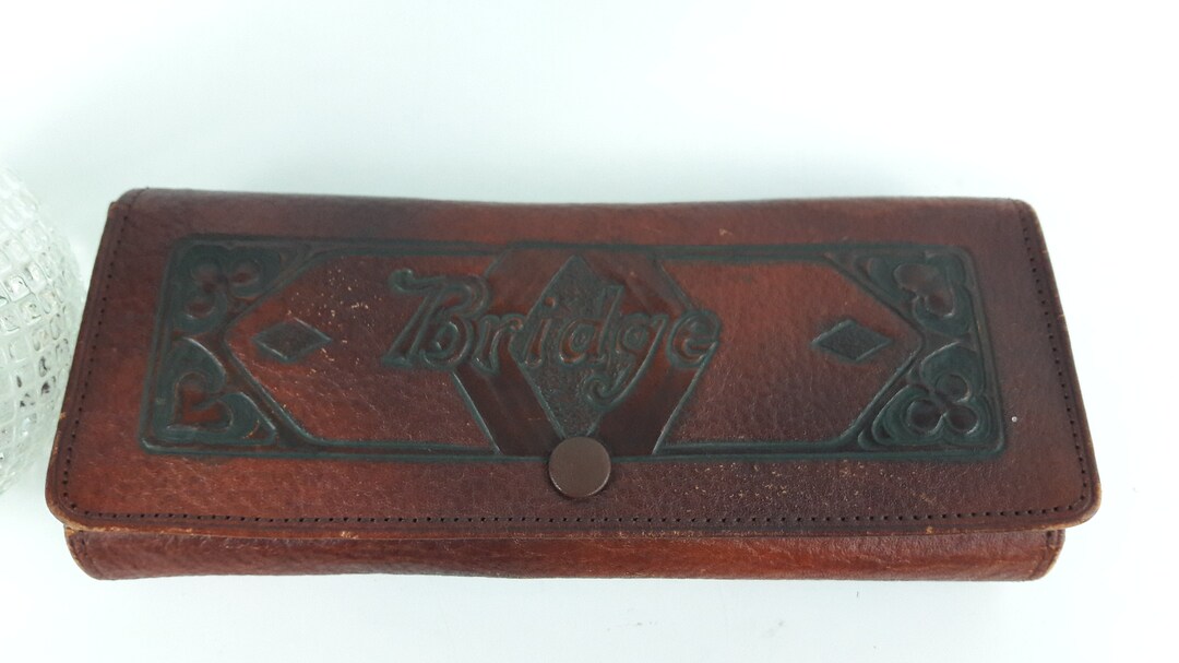 Vintage Tooled Leather Meeker Made Bridge Card Game Case With 2 Card ...
