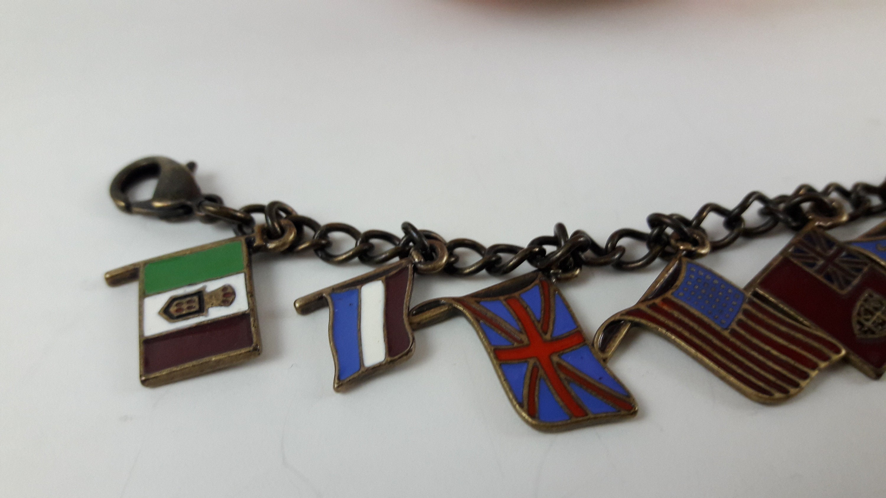 Vintage, International, World, Flags, 13 Charms, Charm Bracelet, Enamel ...