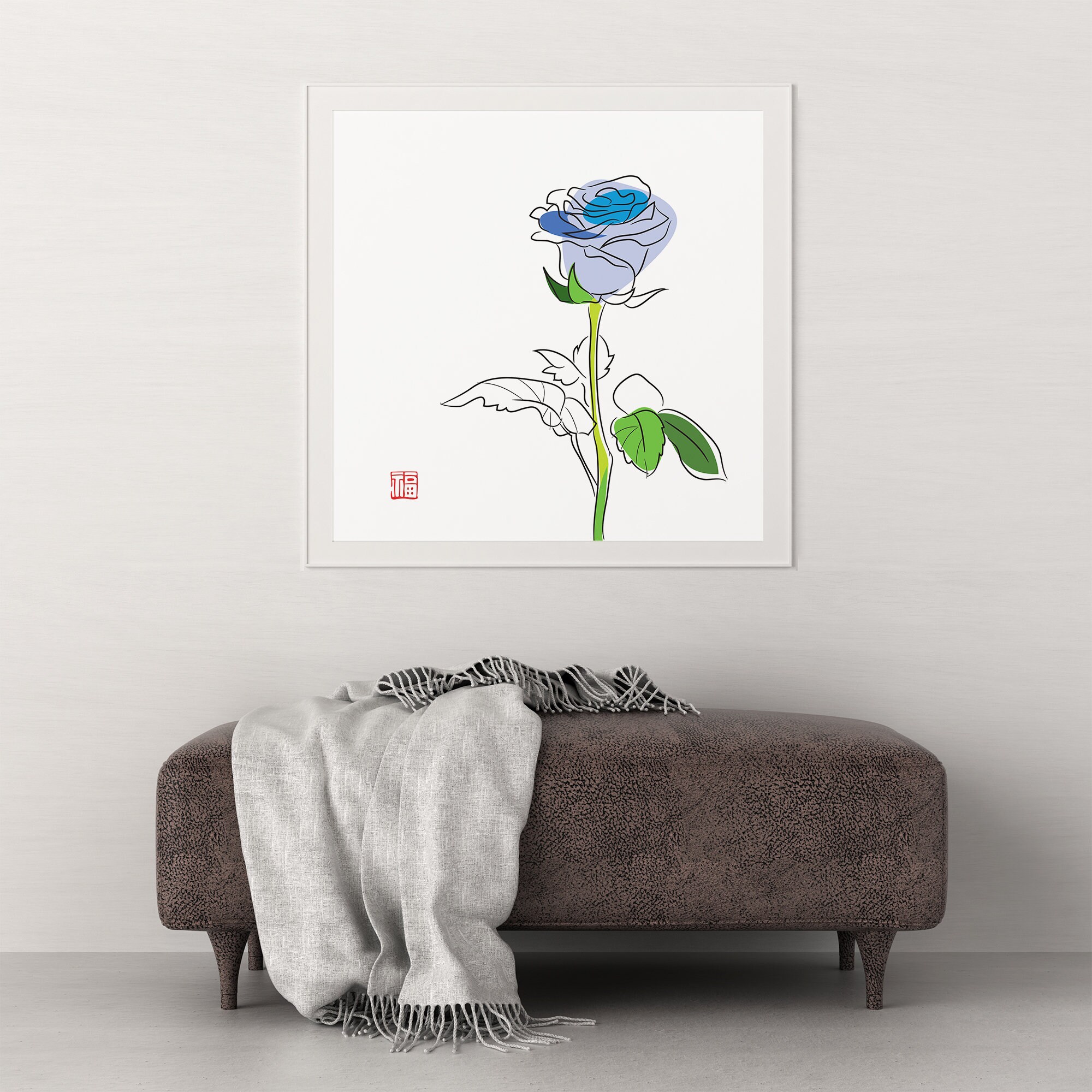 Blue Rose Line Art Print: Minimalist Floral Wall Decor (digital ...