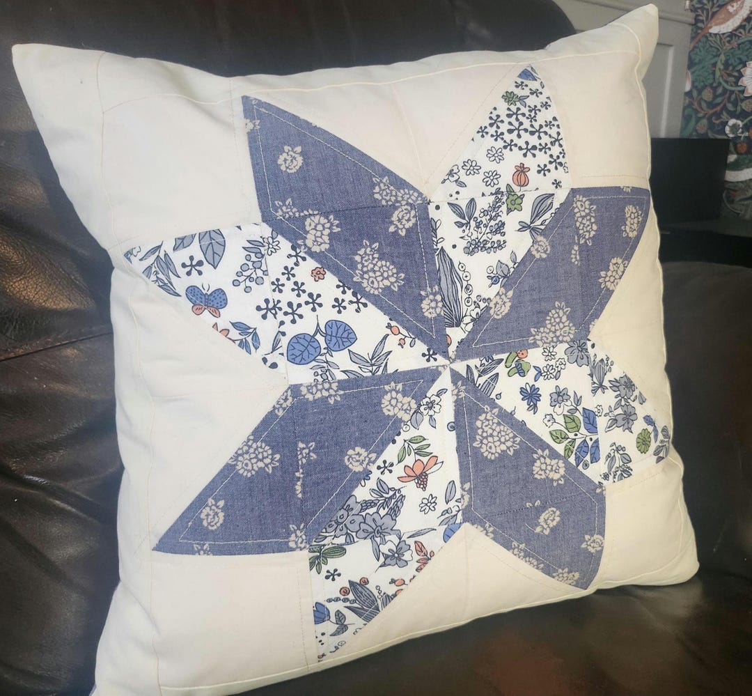 Vintage Blue and Cream Floral Patchwork Cushion Cover: Handmade Quilted ...