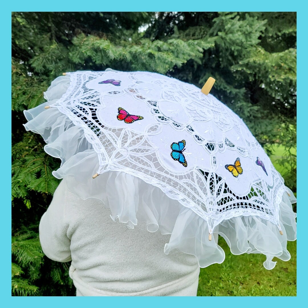 White Ruffle Cotton Parasol With Butterflies Beige Handle, Cap & Tips ...