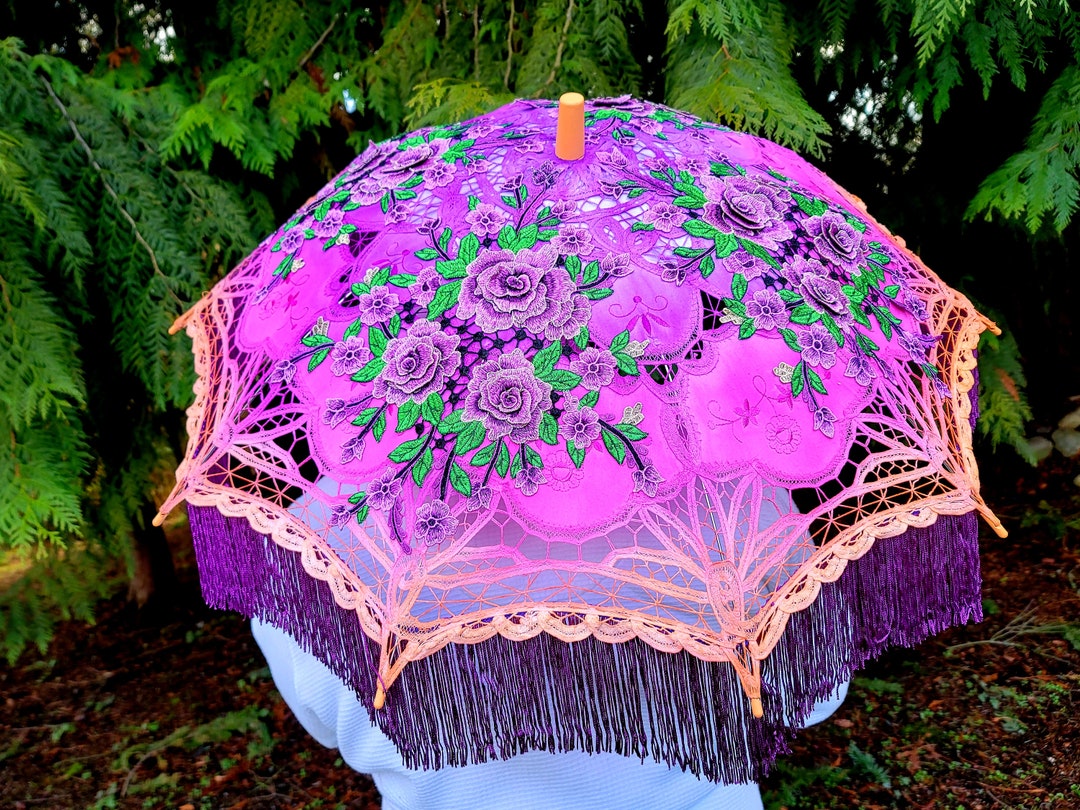 Purple Roses Art Parasol With Fringe Ombre Cotton Floral - Etsy