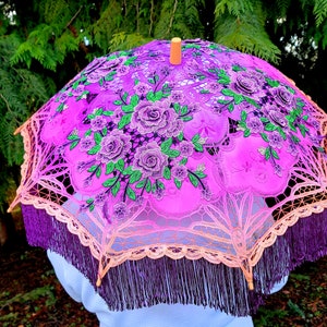 Purple Roses Art Parasol With Fringe Ombre Cotton Floral - Etsy