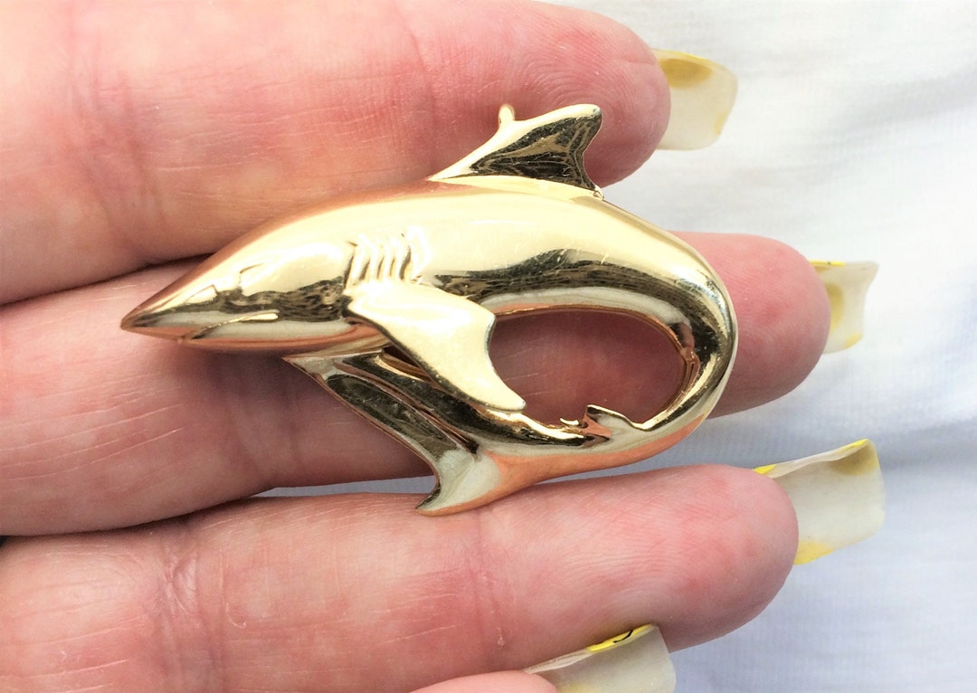Estate 14k HEAVY 10.7g Gold Shark Large Pendant Custom Handmade BIG 1-3 ...