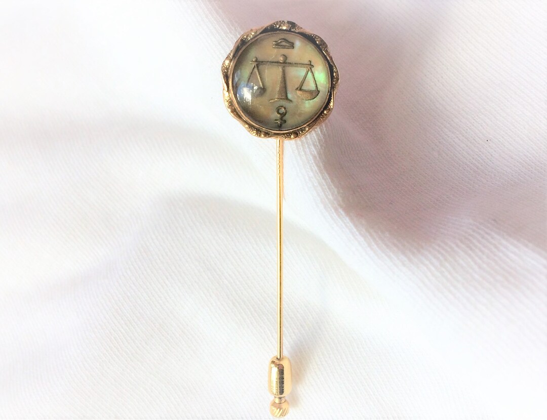 Estate 14K Yellow Gold Vintage Stick Pin Libra Zodiac Sign Abalone ...