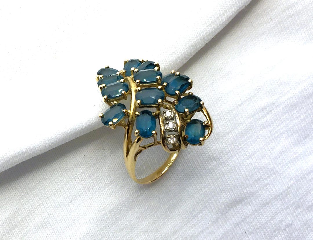 Estate 14K HEAVY 6.6g Yellow Gold Blue Tourmaline & Diamond BIG ...