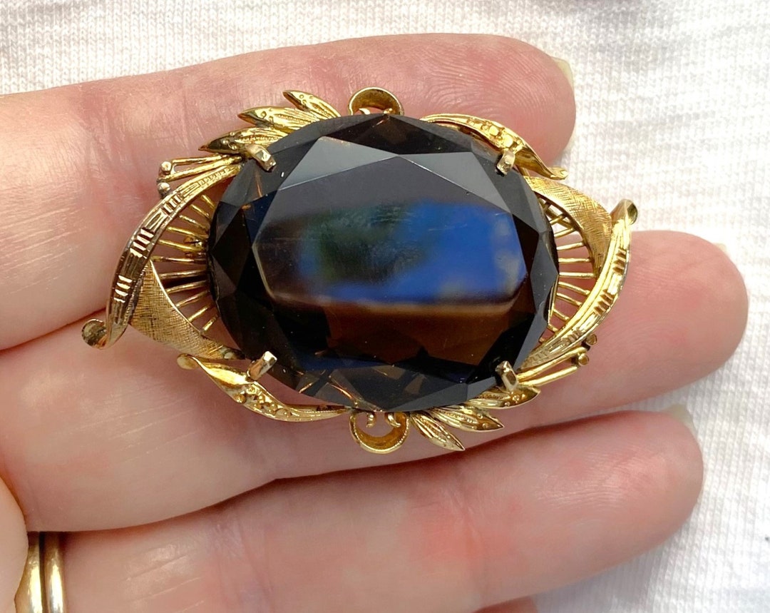 Vintage 18K HEAVY 19.3g Yellow Gold Smoky Topaz Gemstone Brooch Pin ...