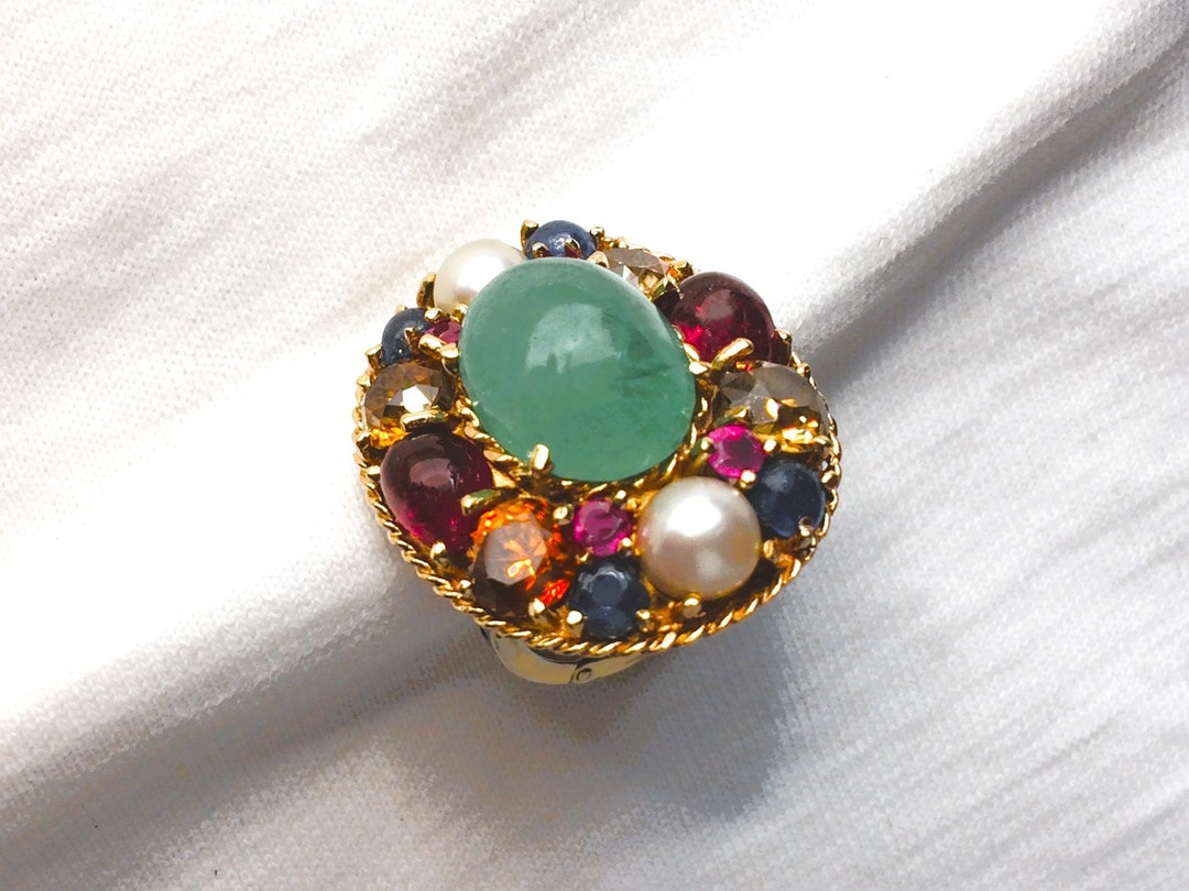 Estate 14k HEAVY 17.4g Gold Genuine Green Jade & Gem Ring Hinged Shank ...