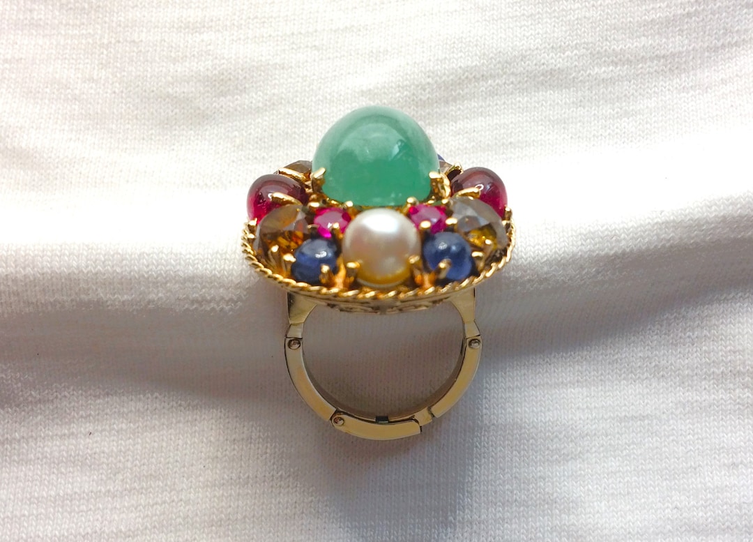 Estate 14k HEAVY 17.4g Gold Genuine Green Jade & Gem Ring Hinged Shank ...