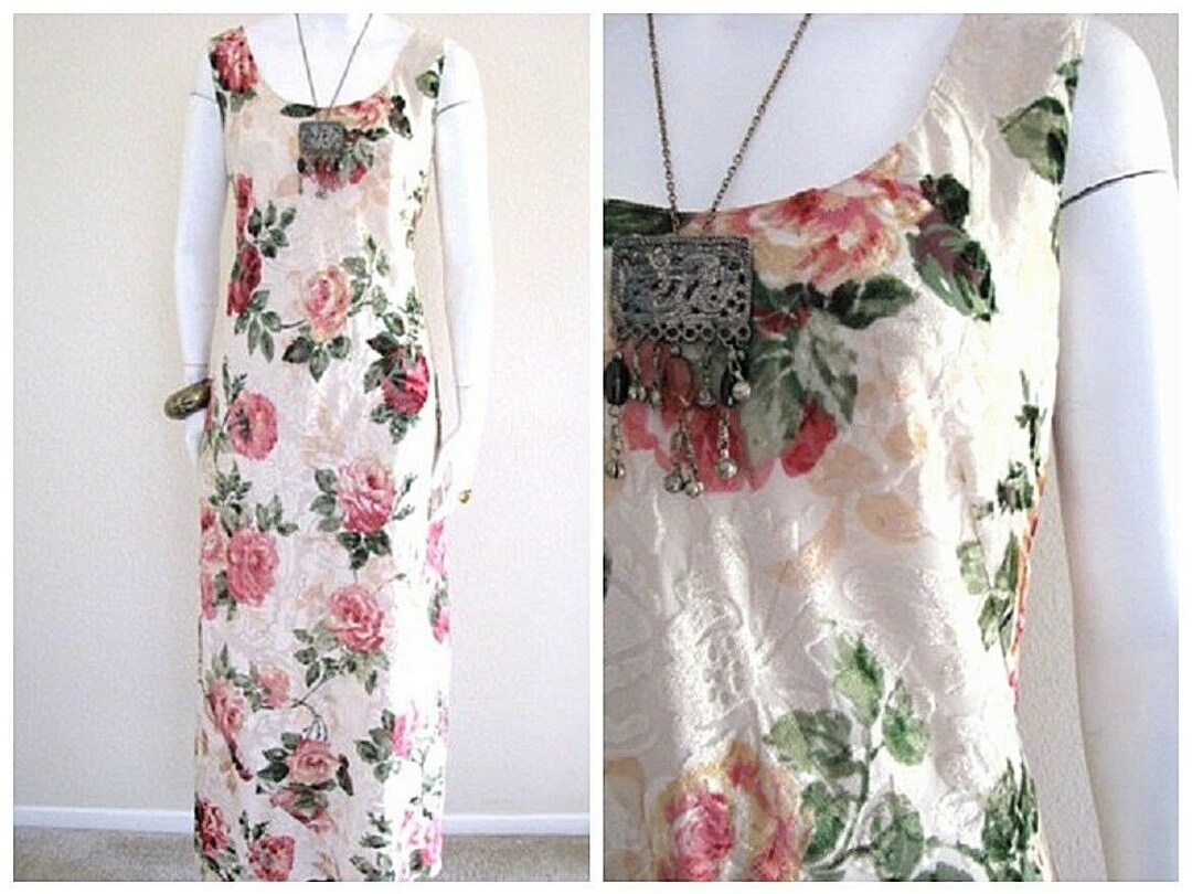 Vtg 80s 90s ROSES Burnout Deco Velvet Party WEDDING Maxi SLIP Dress M/L ...