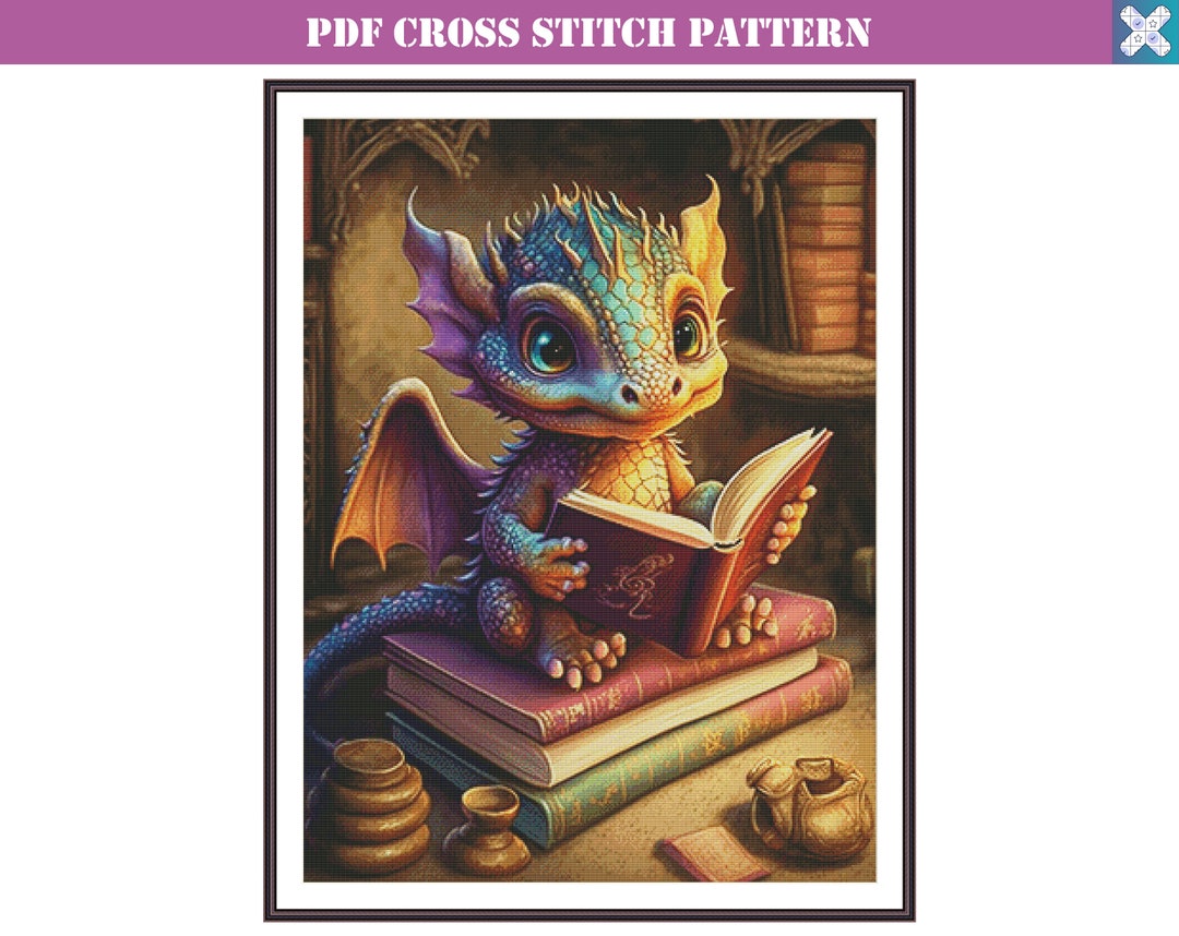 Cute Baby Dragon Reading a Book Fantasy Full Coverage Cross - Etsy